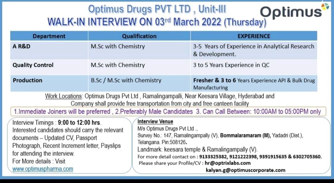 Optimus Drugs Pvt. Ltd, Unit-III- Walk In Interview for Freshers ...
