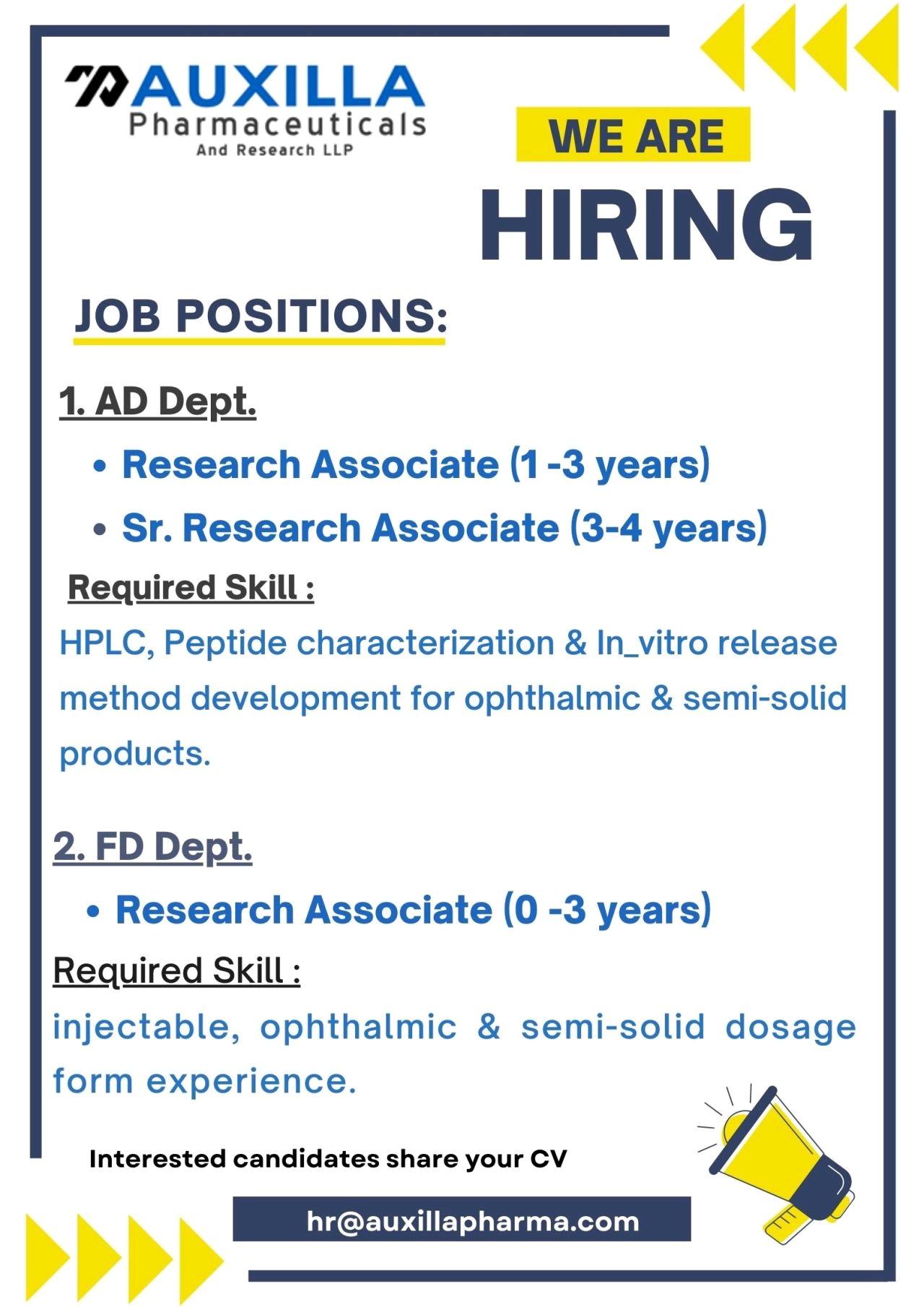 Auxilla Pharmaceuticals hiring Freshers & experience for AD & FD ...