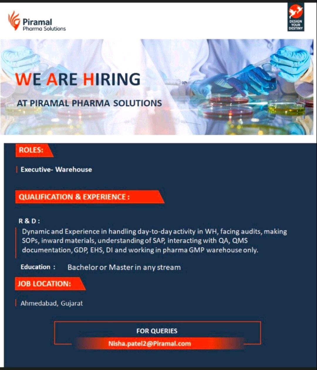 PIRAMAL PHARMA hiring Executive- Warehouse department | PHARMA JOBS POST