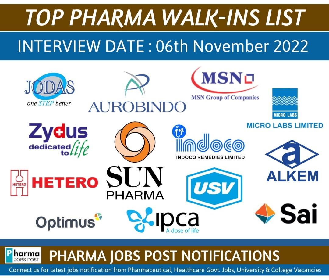 TOP PHARMA WALK-INS INTERVIEW LIST - 06th November 2022 | PHARMA JOBS POST