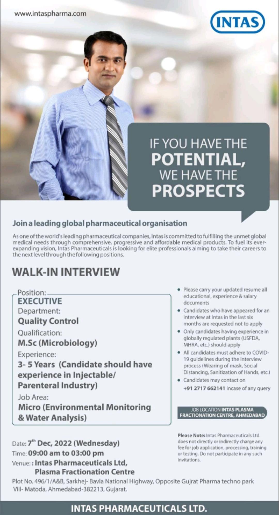 Intas Walk In Interview for Executive- Quality Control on 7th December ...