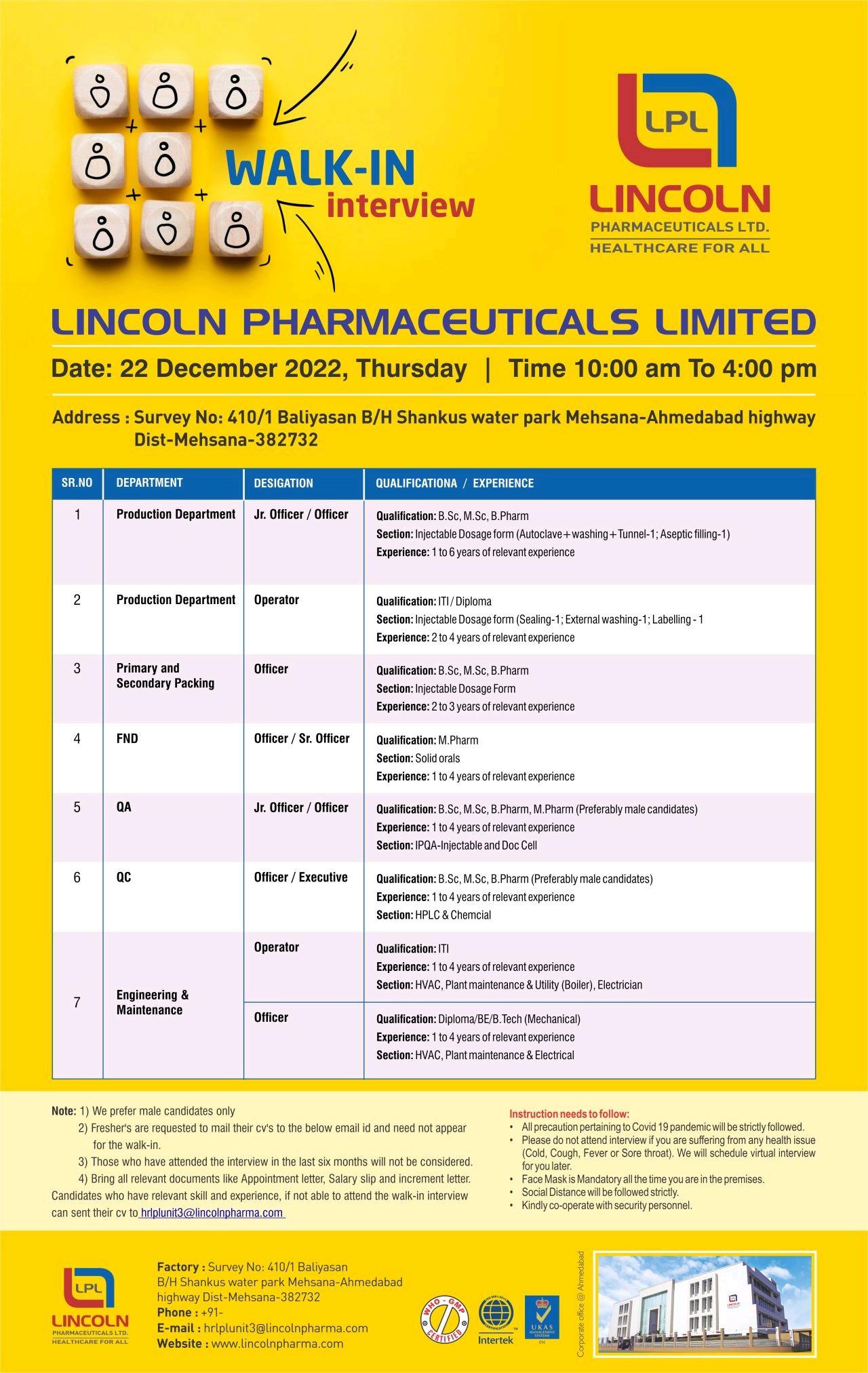 LINCOLN PHARMA- Walk In Interview for QA, QC, FND, Production, Primary ...