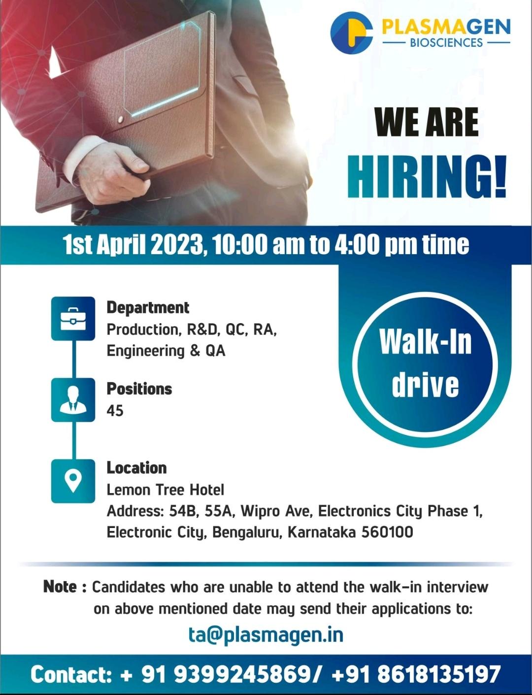 PlasmaGen BioSciences- Walk-In-Interview Drive on 1st April 2023 ...