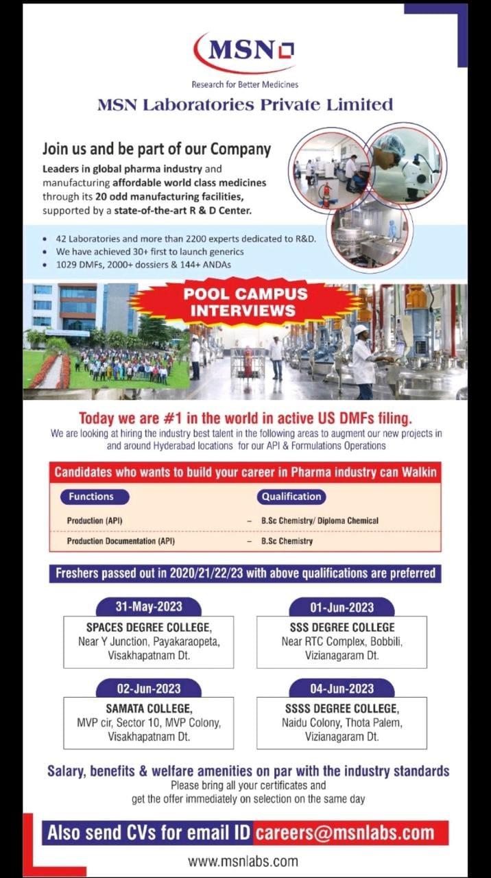 MSN Laboratories Private Limited walk in interview for freshers passed ...