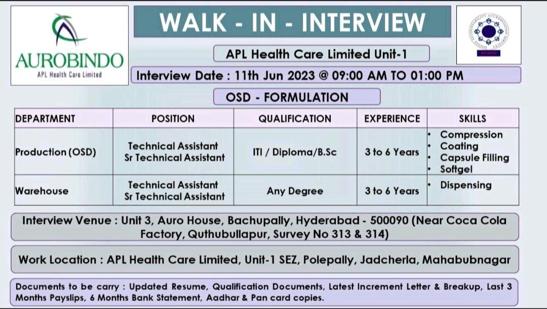 AUROBINDO walk in interview for Production and Warehouse department on ...