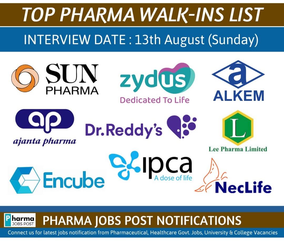 TOP PHARMA WALK-INS INTERVIEW LIST - 13th August (Sunday) | PHARMA JOBS ...