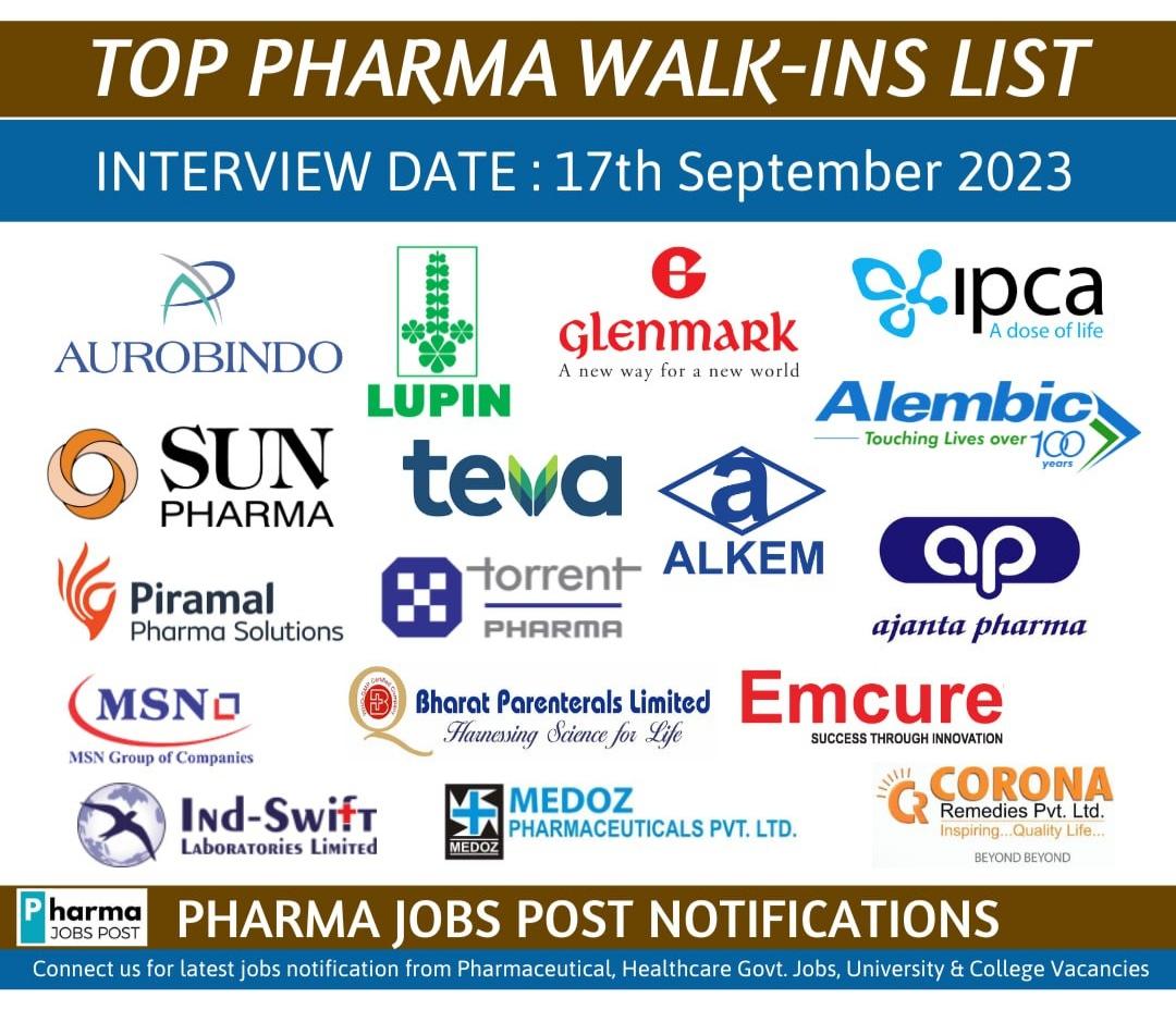TOP PHARMA WALK-INS INTERVIEW LIST - 17th September 2023 (Sunday ...