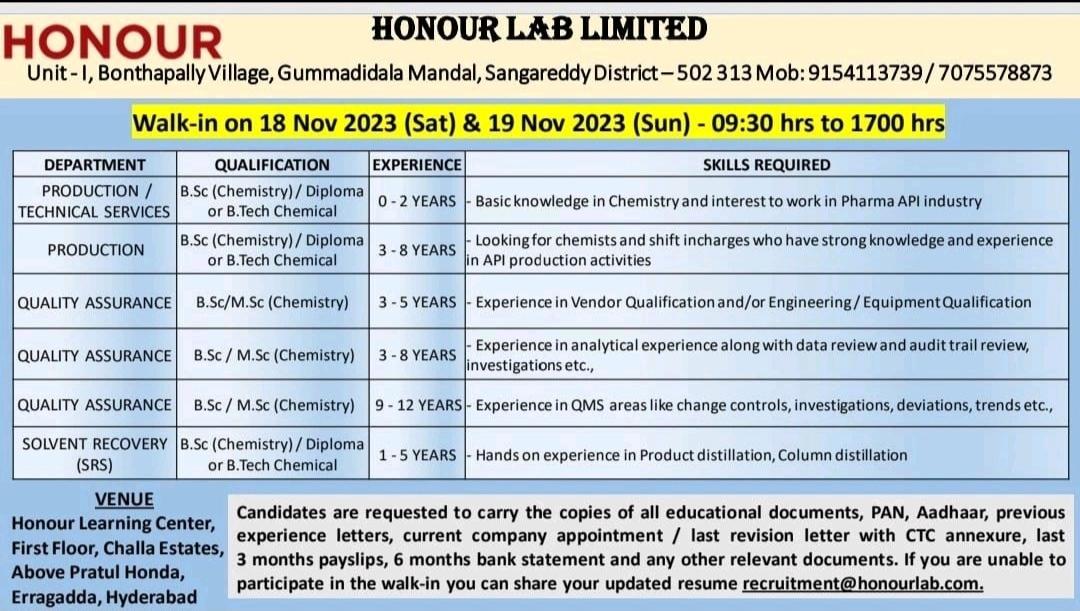 Honour Lab Walk-in on 19th Nov 2023 (Sun) for Production, QA, Solvent ...