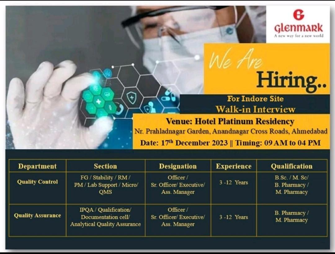 GLENMARK Walk-in Interview for QC & QA For Indore Site on 17th December ...