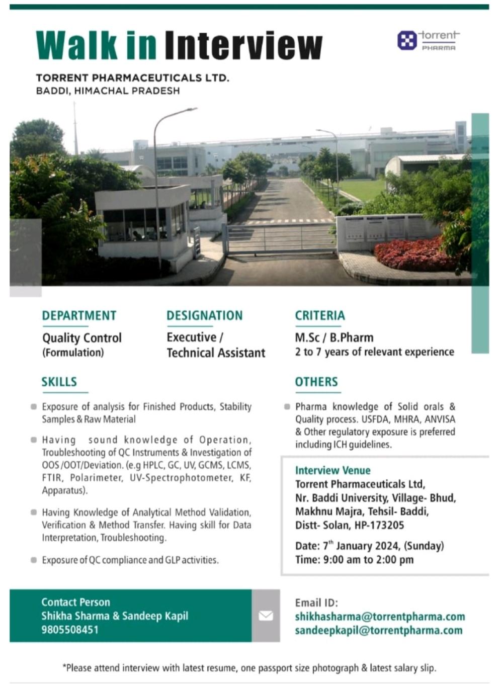 Torrent Pharma walk in interview for Quality Control (Formulation) on ...