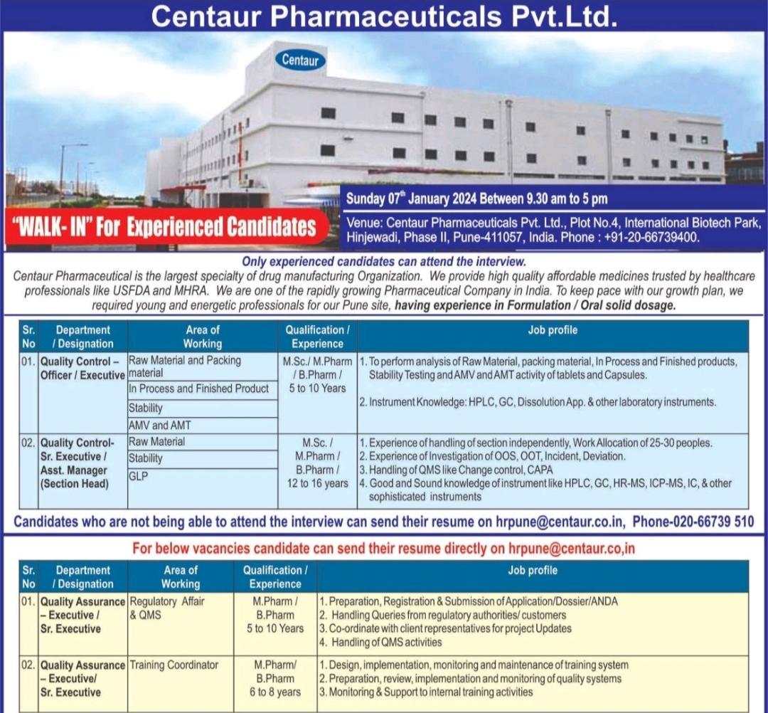 Centaur Pharmaceuticals walk in interview for multiple openings in QA ...