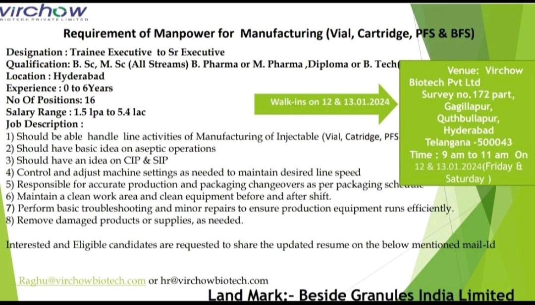 Virchow Biotech Pvt Ltd walk in interview for Freshers & experience ...