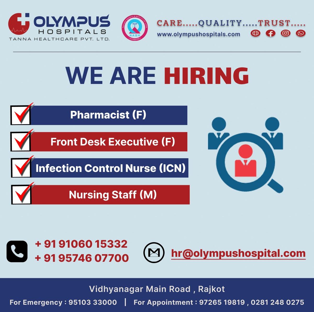 Olympus Hospital job vacancy for Pharmacist (F), Front Desk Executive ...