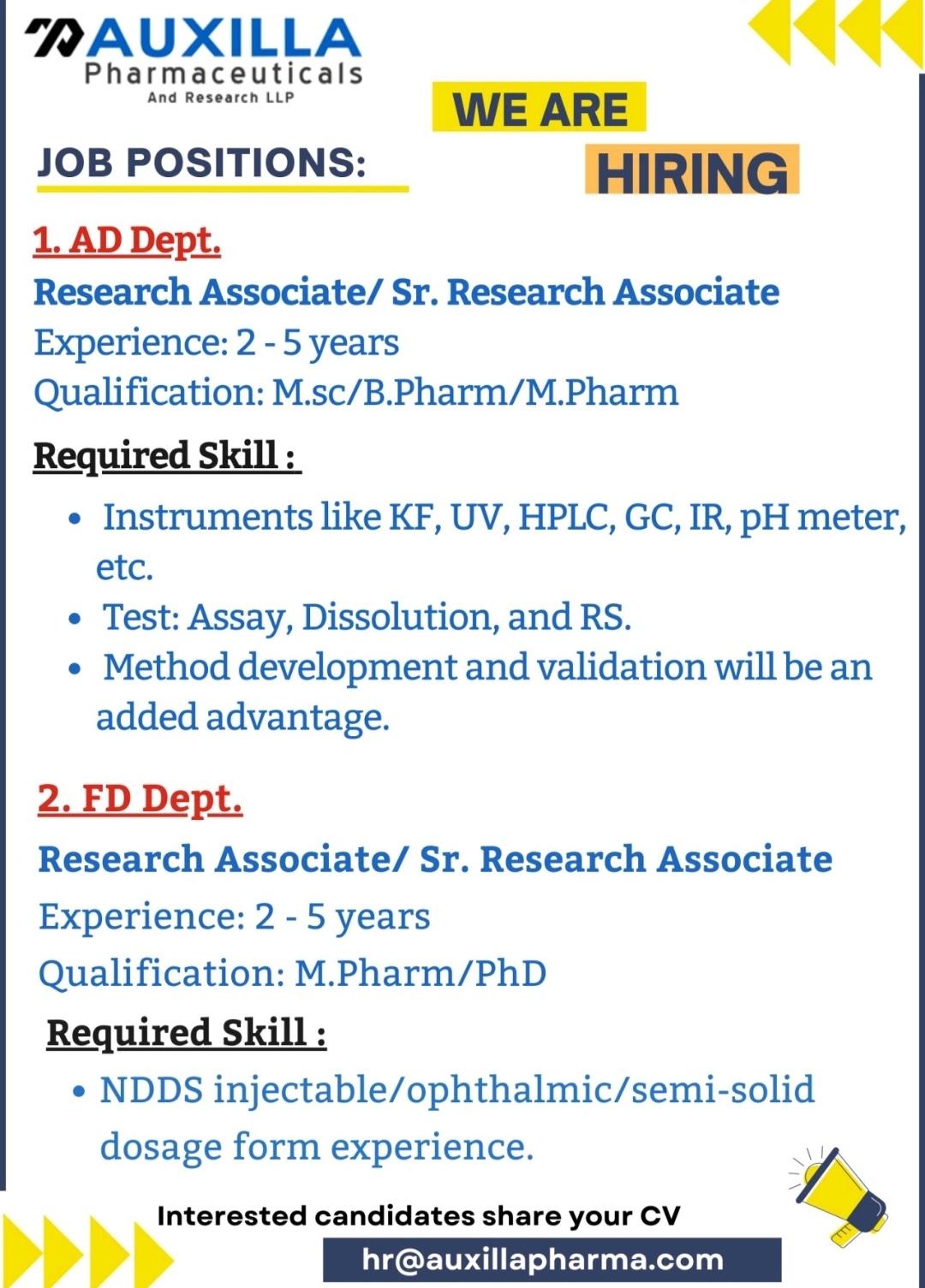 Auxilla Pharma job vacancy for AD & FD Dept. | PHARMA JOBS POST