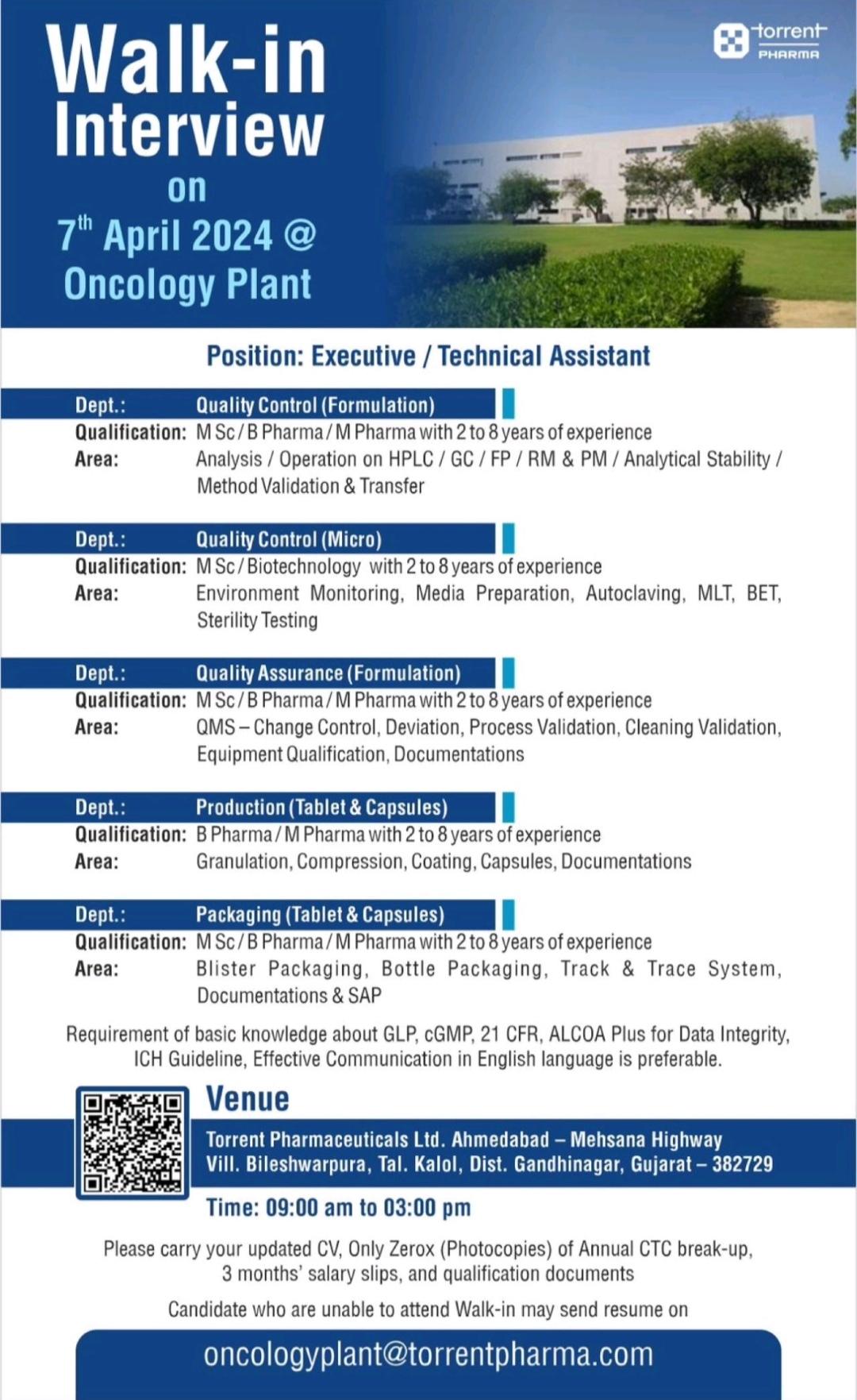 Torrent Pharmaceuticals Walk-in Interview on 7th April 2024 @ Oncology ...