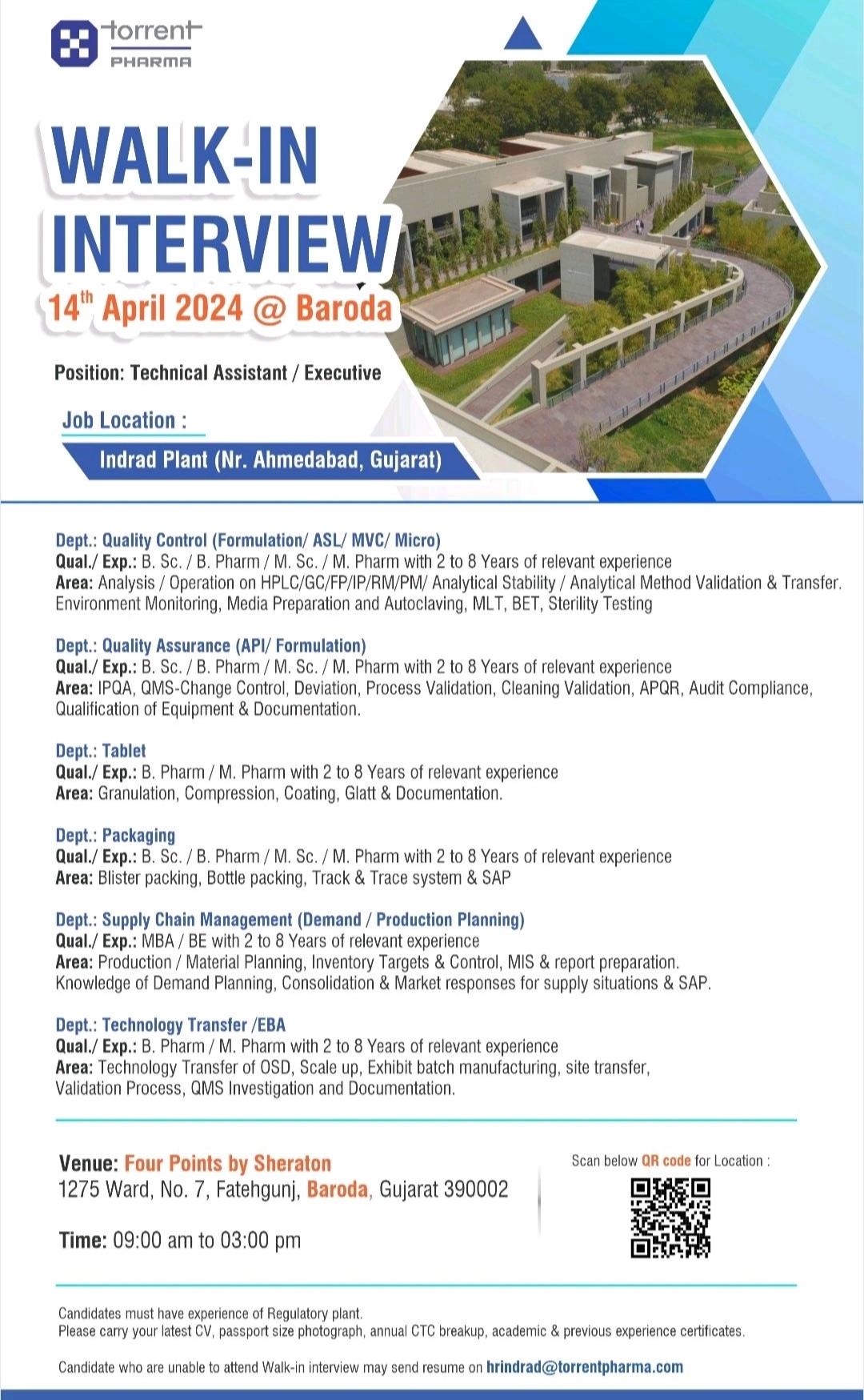 Torrent Pharma walk in interview @ Baroda on 14th April 2024 | PHARMA ...