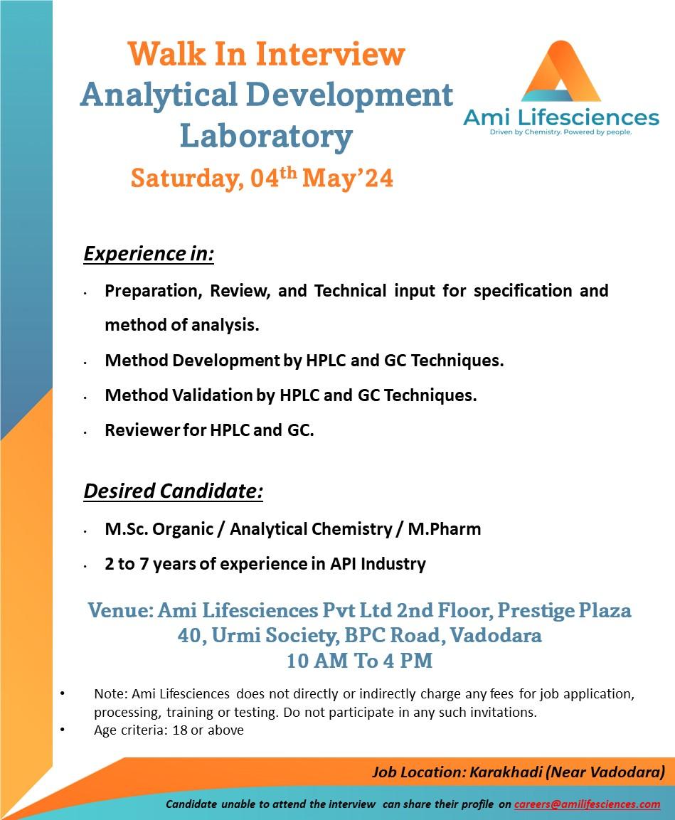 Ami Lifesciences is inviting candidates for a Walk-In Interview for its ...