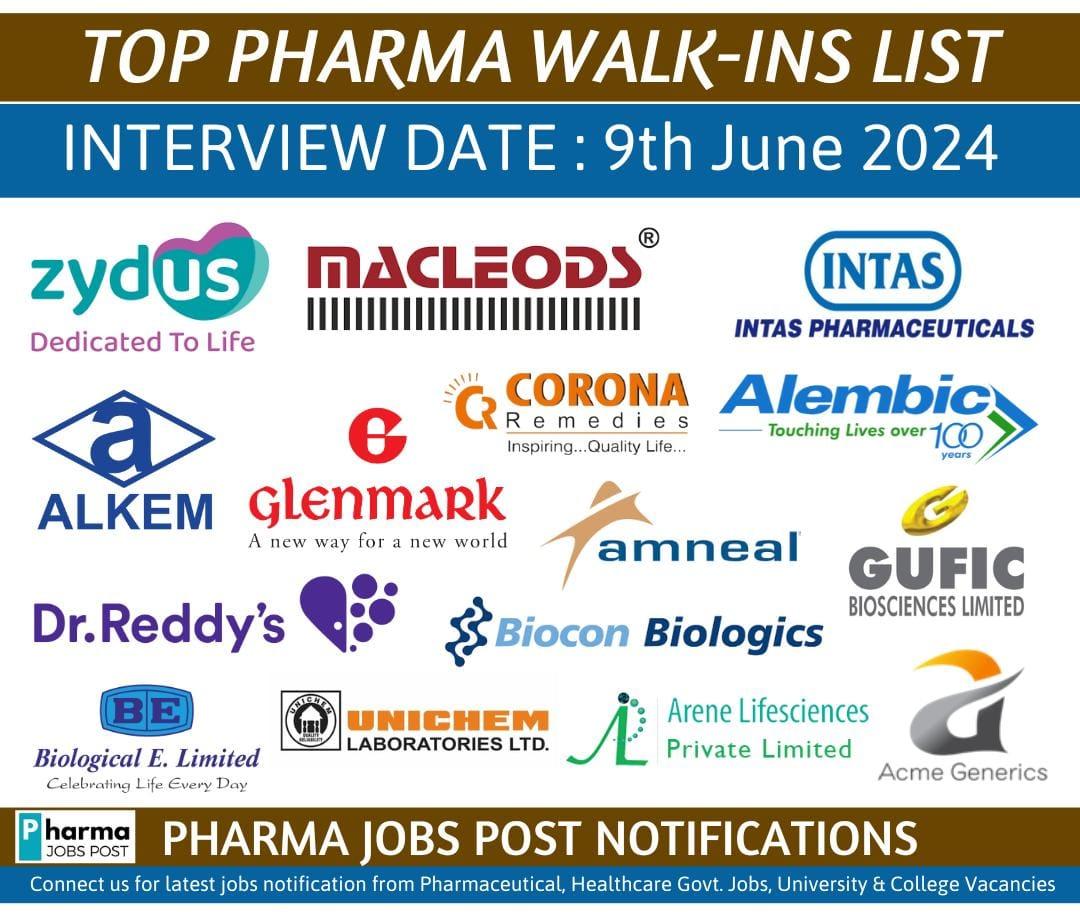 TOP PHARMA WALK-INS INTERVIEW LIST - 9th June 2024 (Sunday) | PHARMA ...