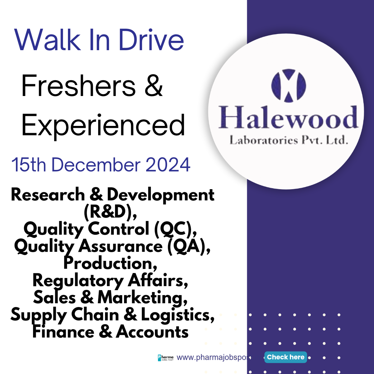 Halewood Laboratories Pvt. Ltd Walk In Drive on 15th December 2024 for ...