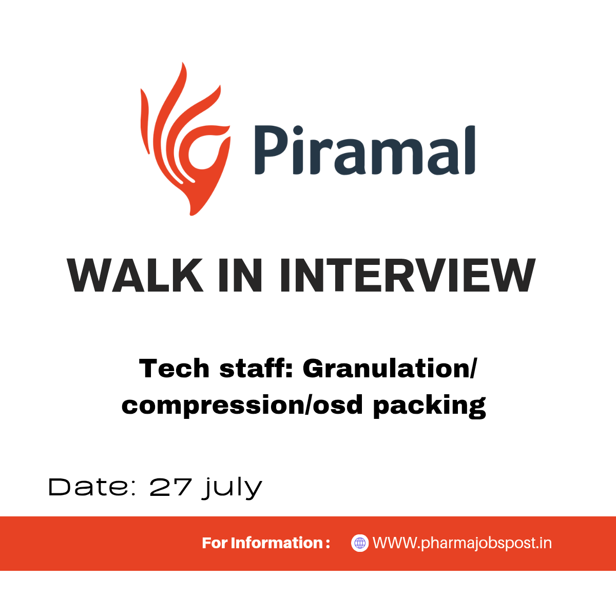 Piramal Pharma Hiring for Granulation, Compression & OSD Packing – Walk ...