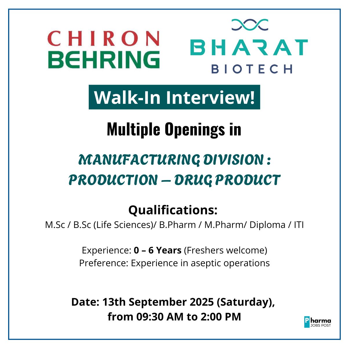 Walk-In Interview at Chiron Behring Ankleshwar | Pharma Jobs 2025 ...