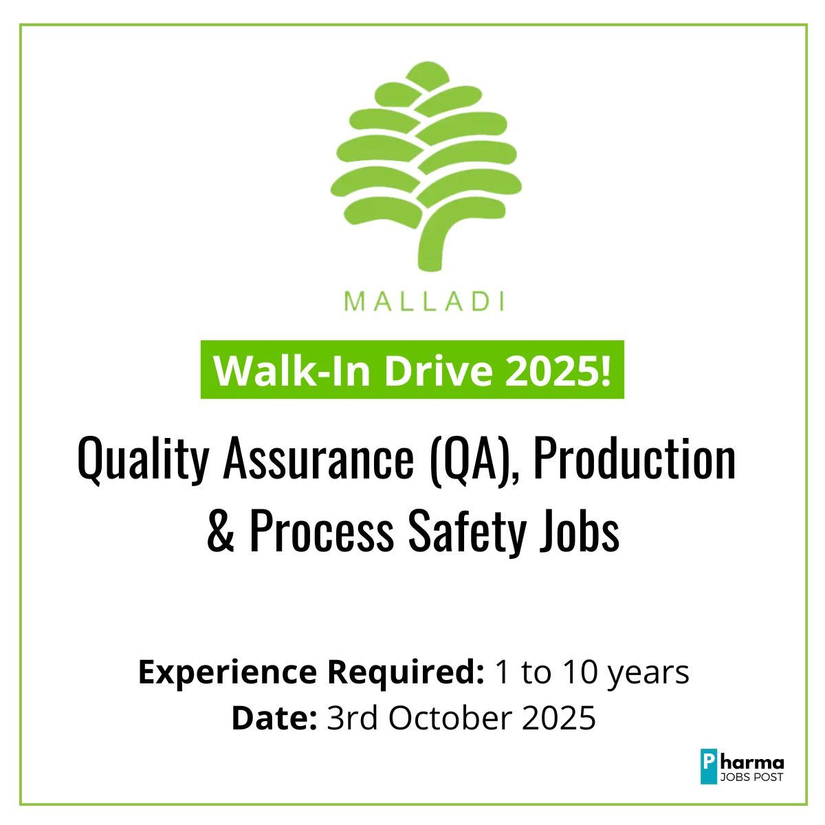 Malladi Drugs & Pharmaceuticals Walk-in Interview 2025 | Hiring for QA ...
