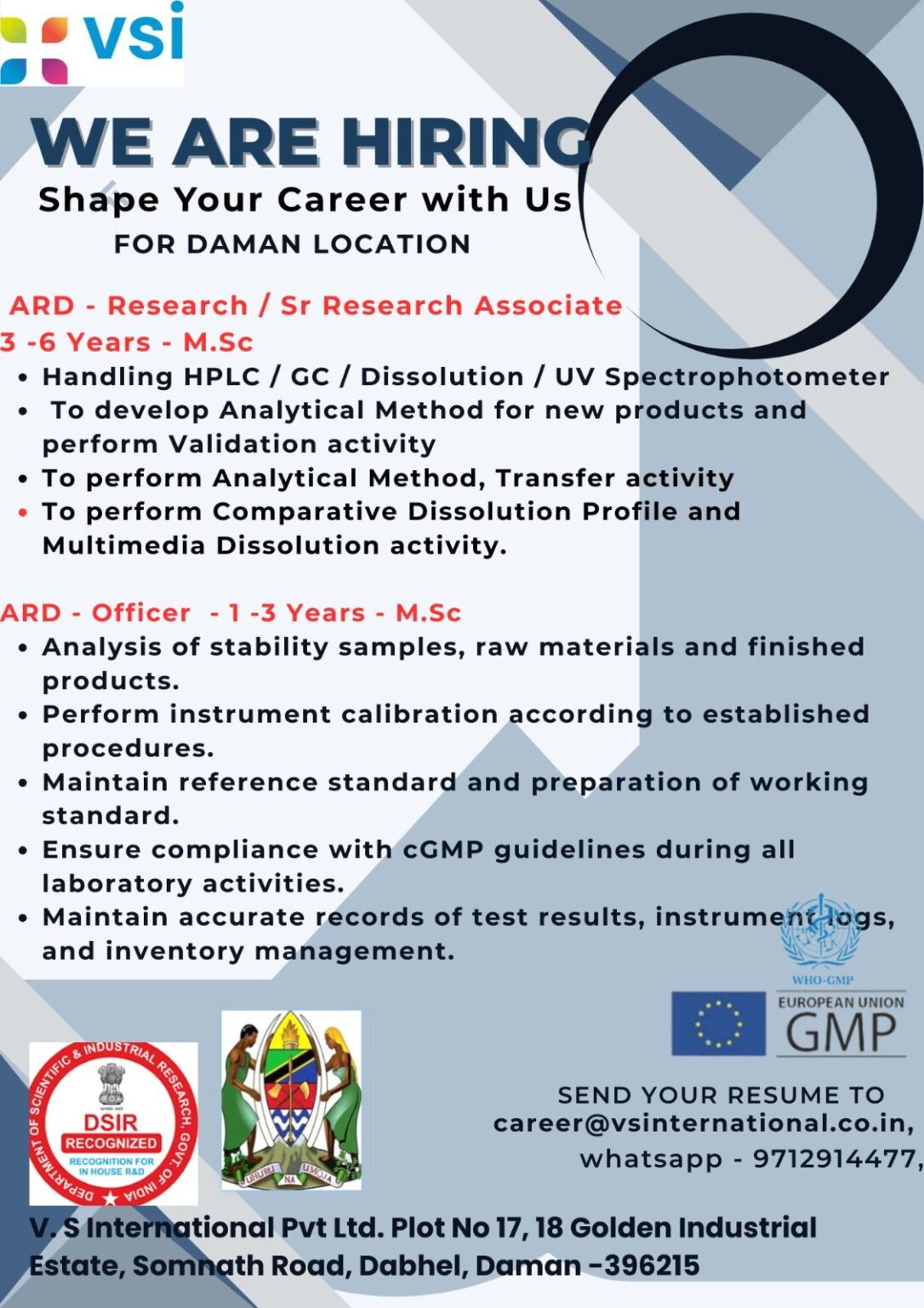 Pharma Jobs in Daman & Tarapur – VSI Hiring for QA, QC, ARD, Production ...