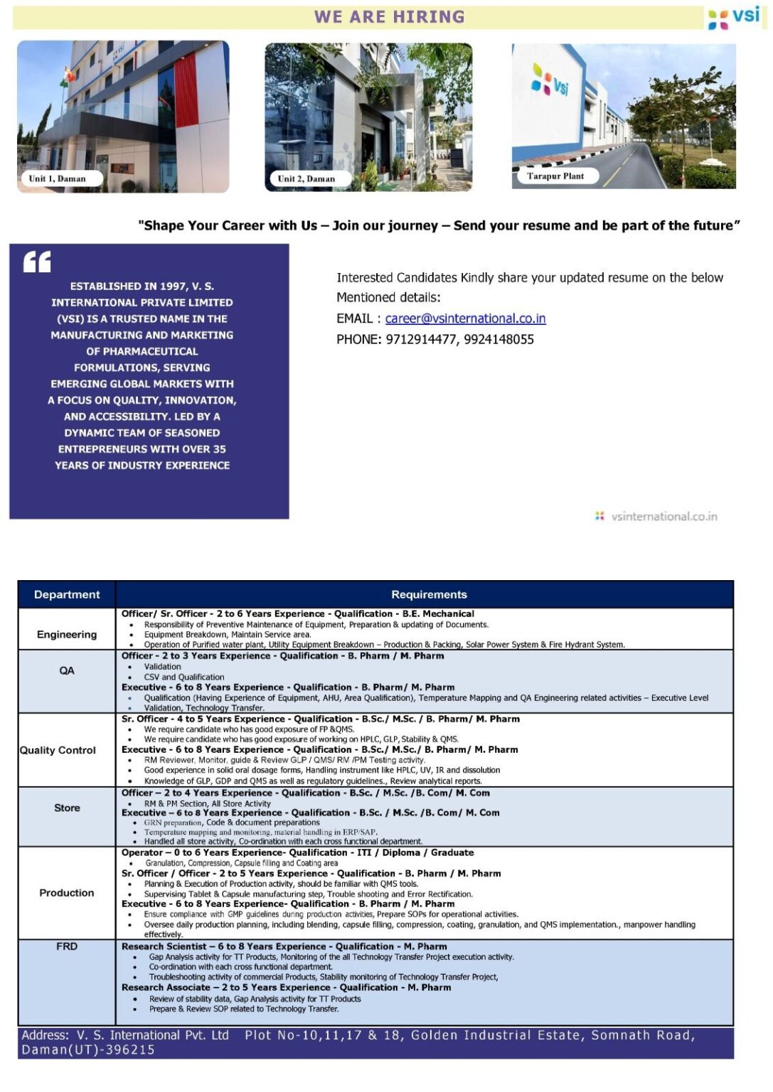 Pharma Jobs in Daman & Tarapur – VSI Hiring for QA, QC, ARD, Production ...