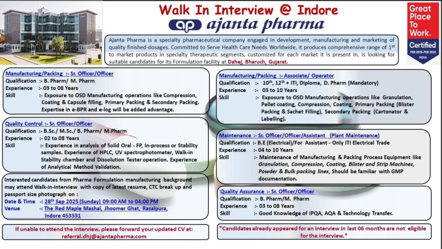 Ajanta Pharma Walk-In Interview in Indore | Hiring for QA, QC ...