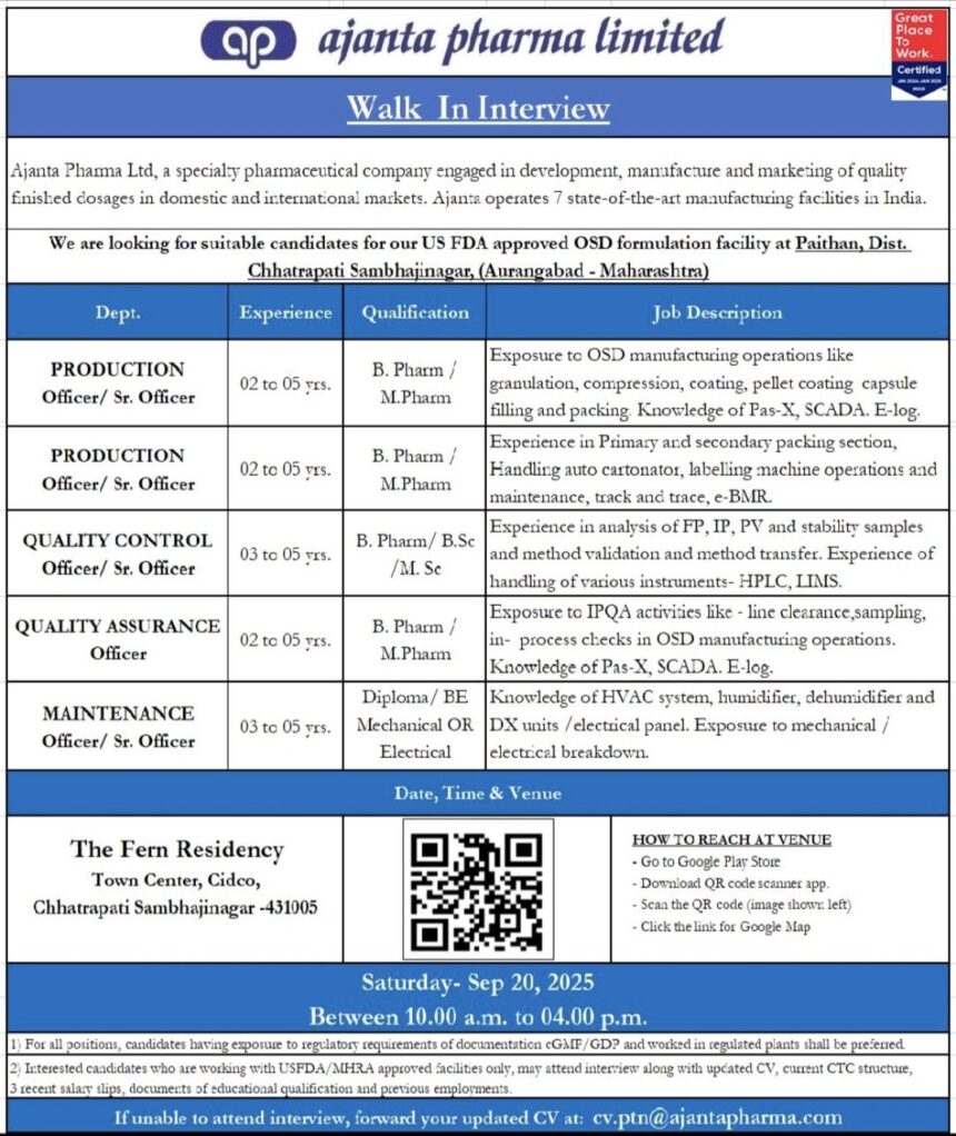Ajanta Pharma Walk-In Interview 2025 – Production, QC, QA & Maintenance ...