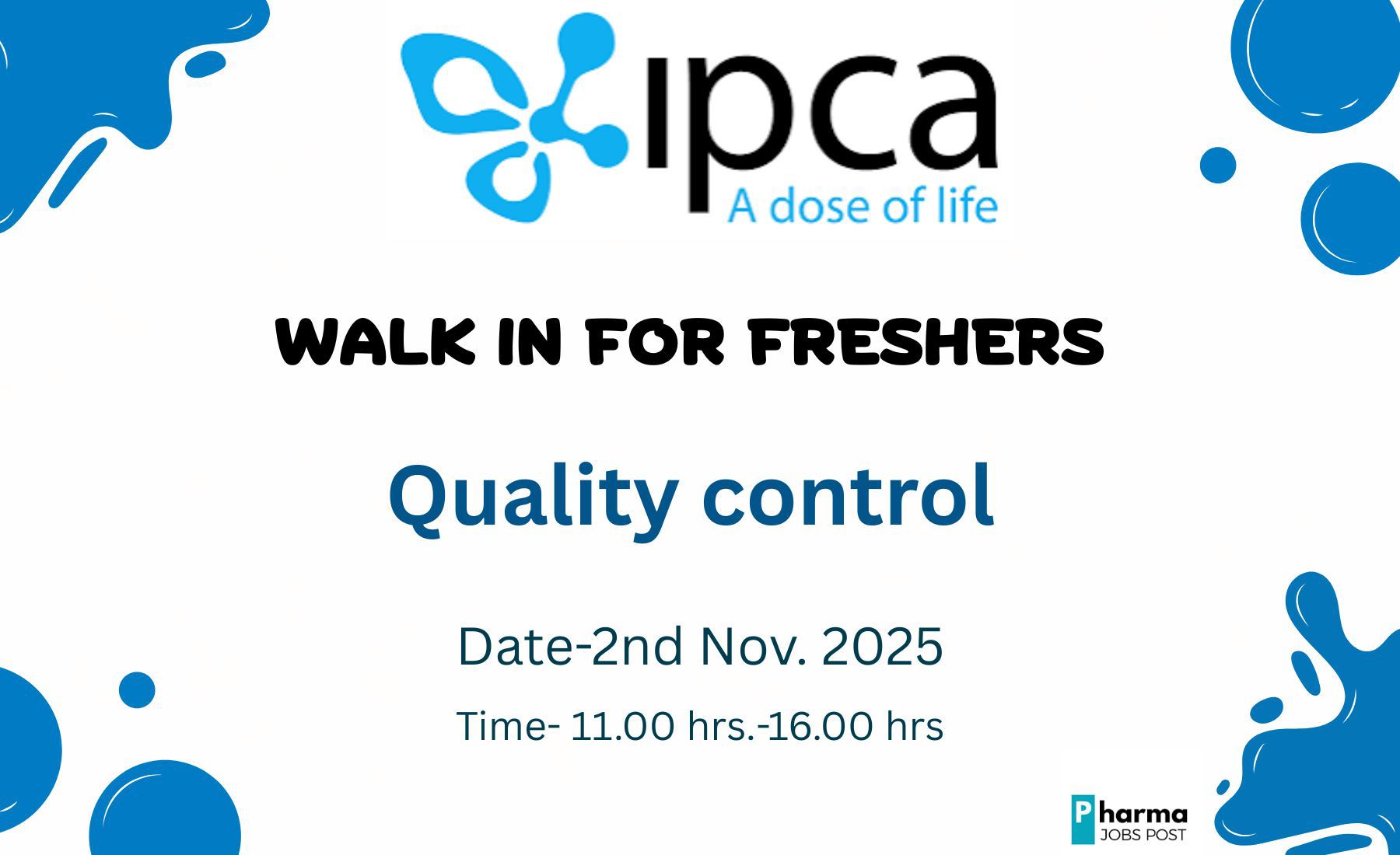 IPCA Laboratories Walk-in for Freshers 2025 |Quality Control Training ...