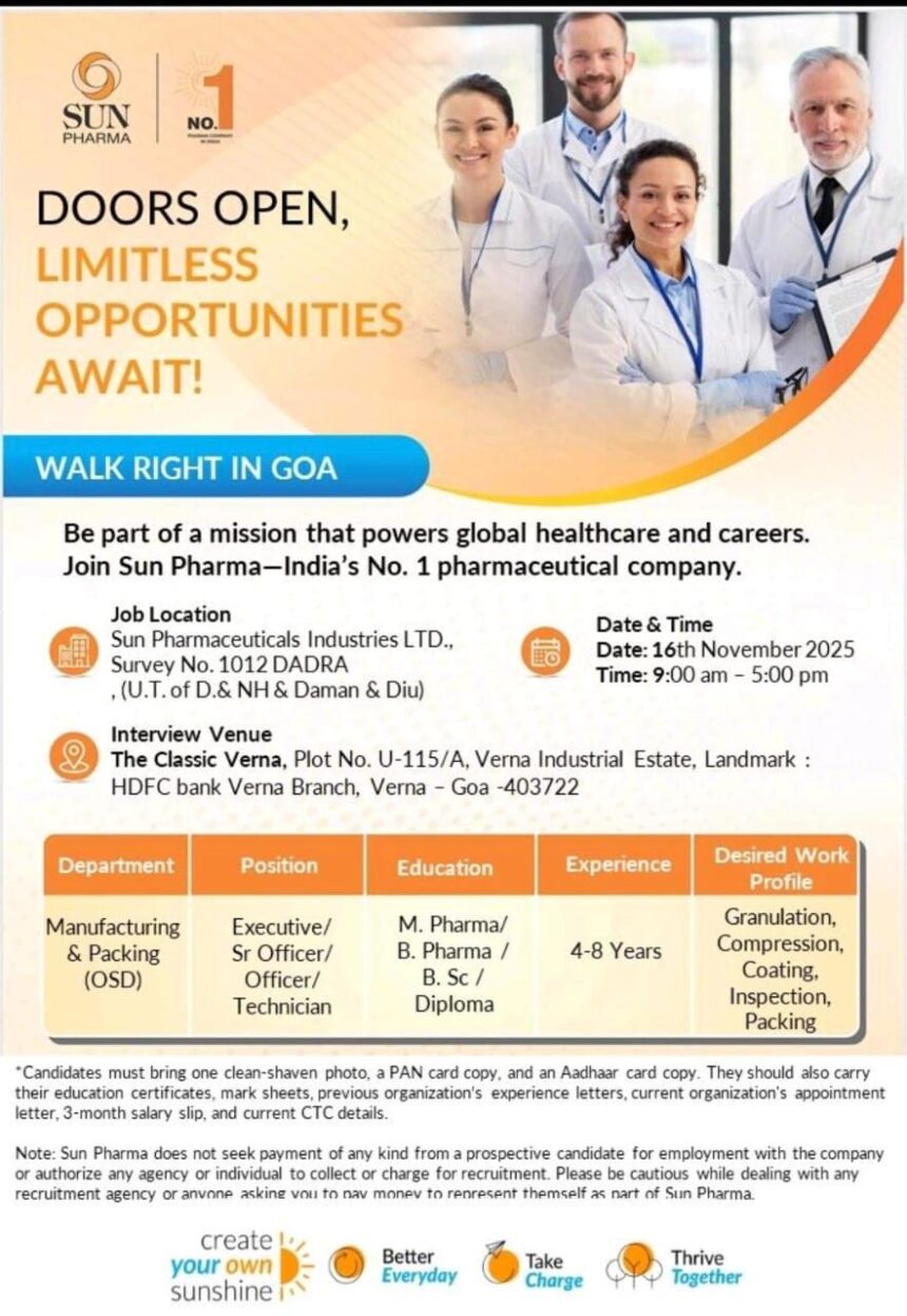 Sun Pharma Walk-In Interview 2025 | Executive, Officer & Technician ...