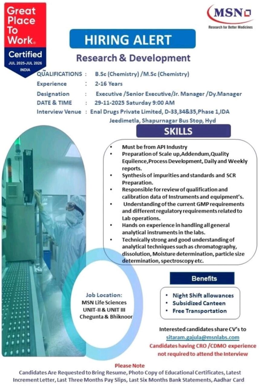 MSN Life Sciences Announces Hiring for Research & Development Roles ...