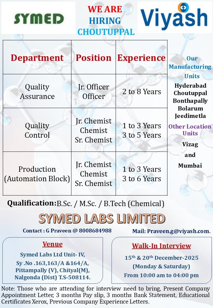Choutuppal Pharma Jobs: SYMED Labs Announces Walk-In for QA, QC ...