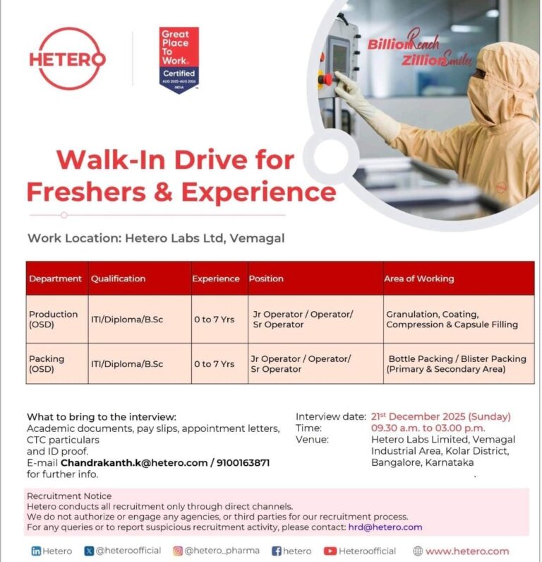 Hetero Labs Walk-In Drive 2025: Freshers and Experienced Job Openings ...