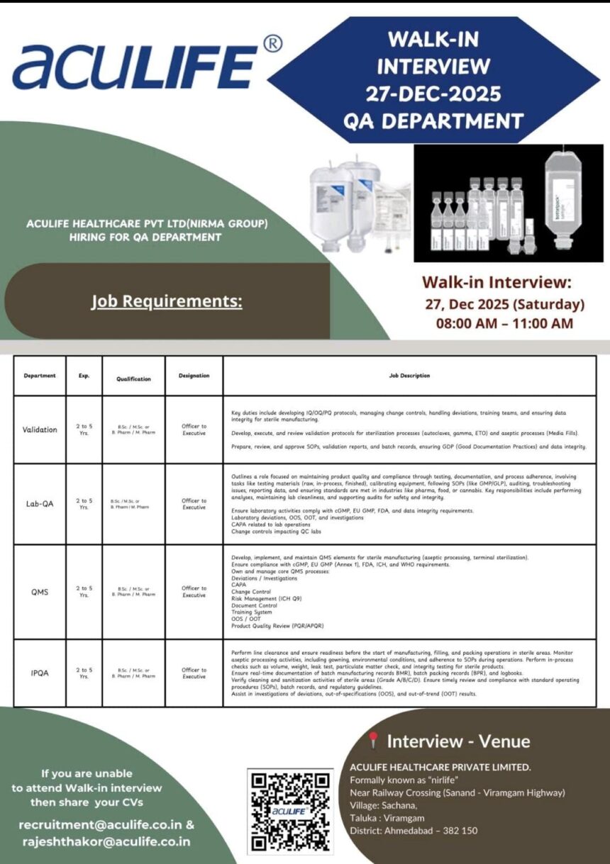 Aculife Healthcare Walk-In Interview 2025: QA Careers in Ahmedabad ...
