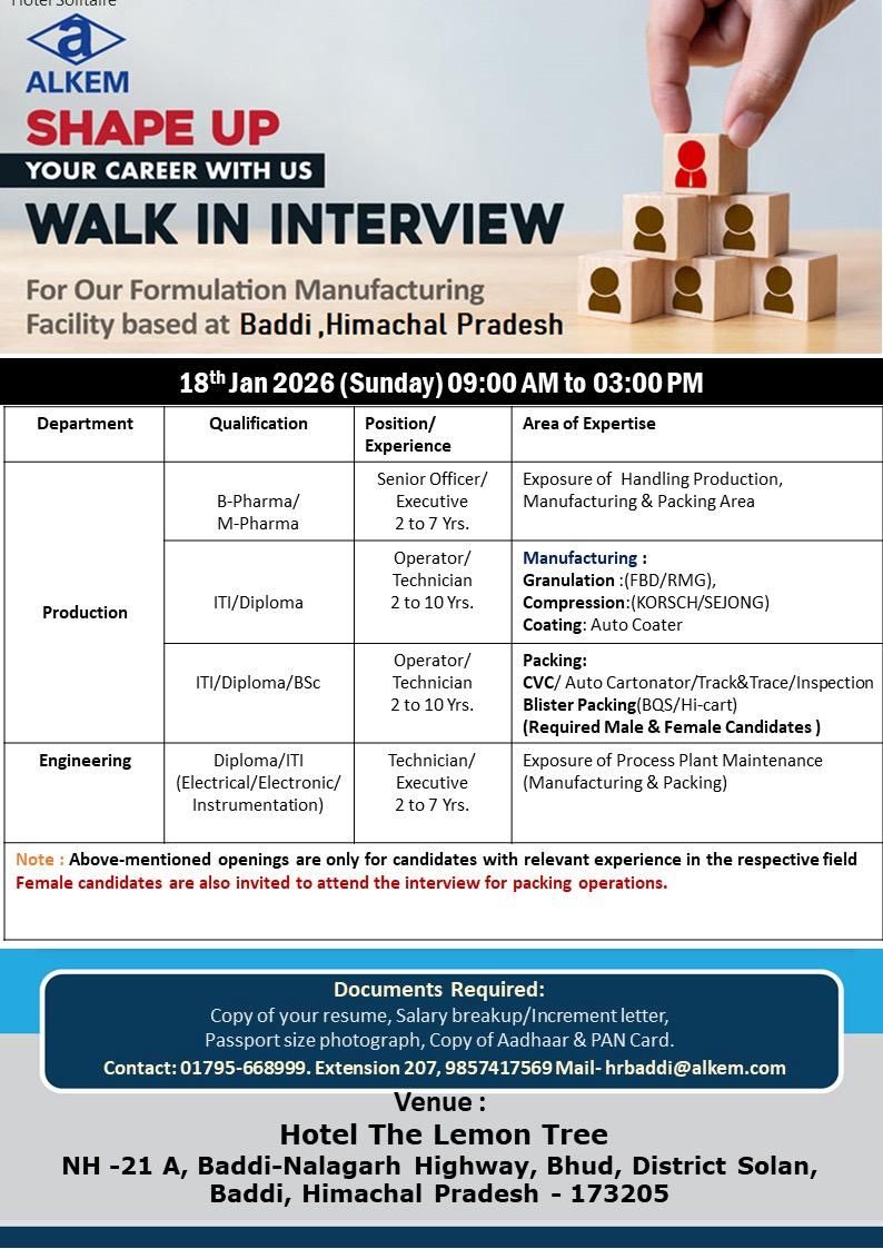Alkem Laboratories Walk-In Interview 2026 | Production & Engineering ...