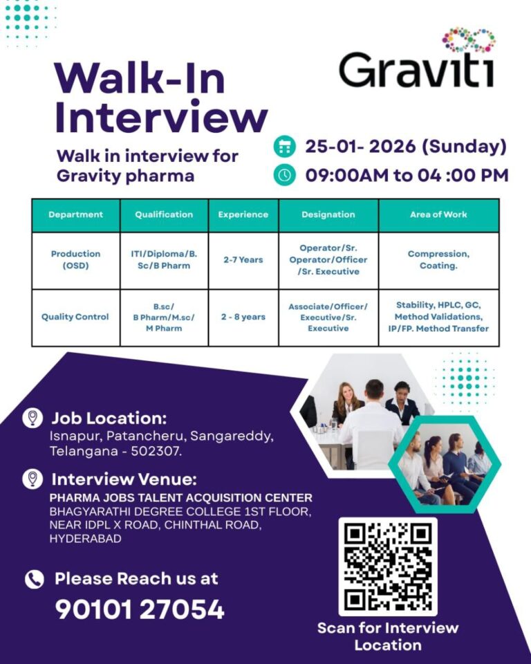 Graviti Pharma Walk-In Interview 2026 | Jobs in Hyderabad & Sangareddy ...