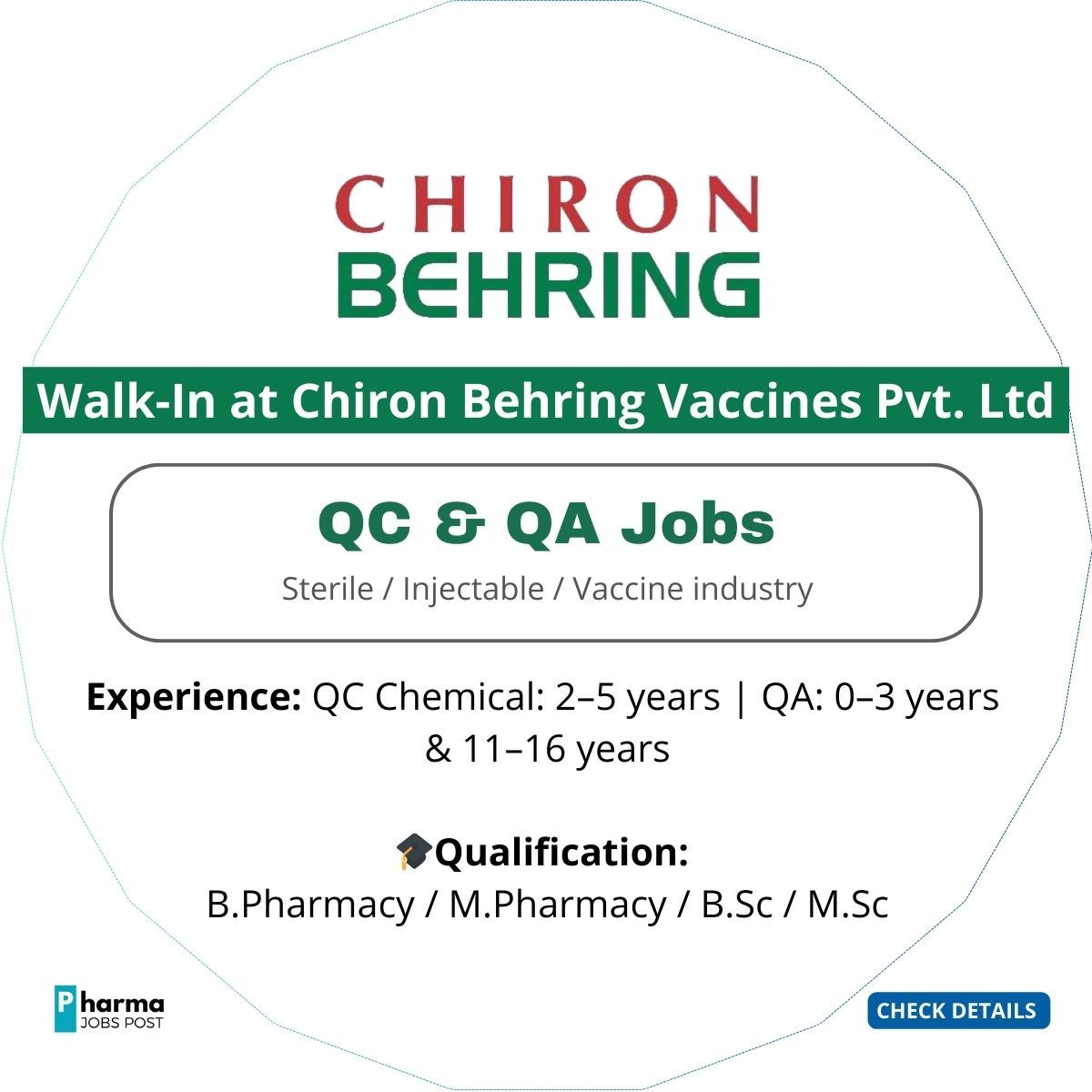 Walk-In Interview at Chiron Behring Vaccines Pvt. Ltd. – QC & QA Jobs ...