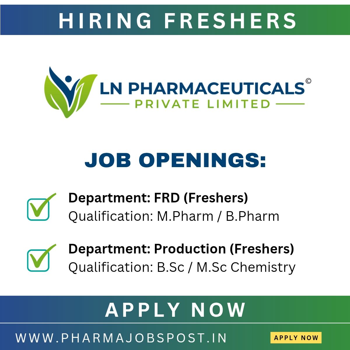 B.Pharm, M.Pharm, B.Sc & M.Sc Chemistry Freshers Recruitment at LN ...
