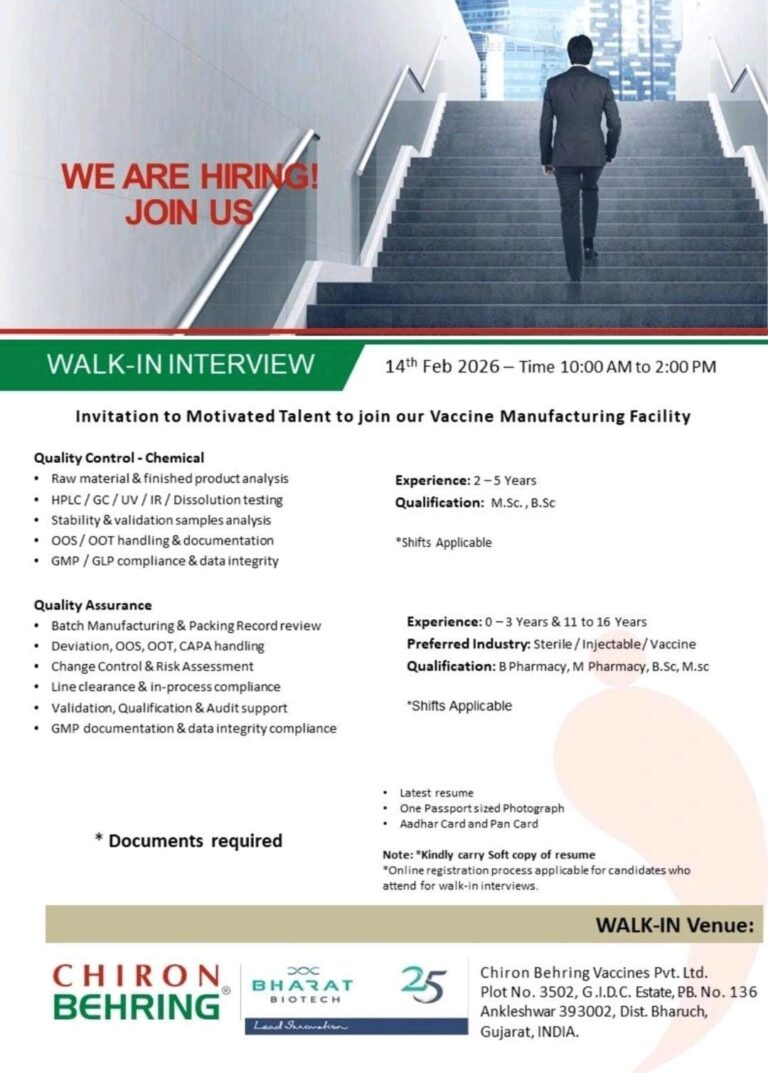 Walk-In Interview at Chiron Behring Vaccines Pvt. Ltd. – QC & QA Jobs ...