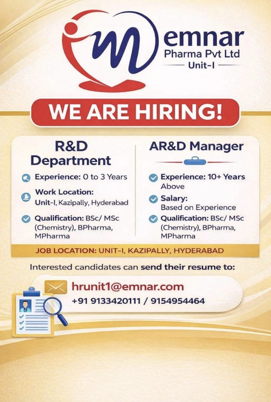 Pharma Jobs in Hyderabad: Emnar Pharma Hiring Freshers & Experienced ...