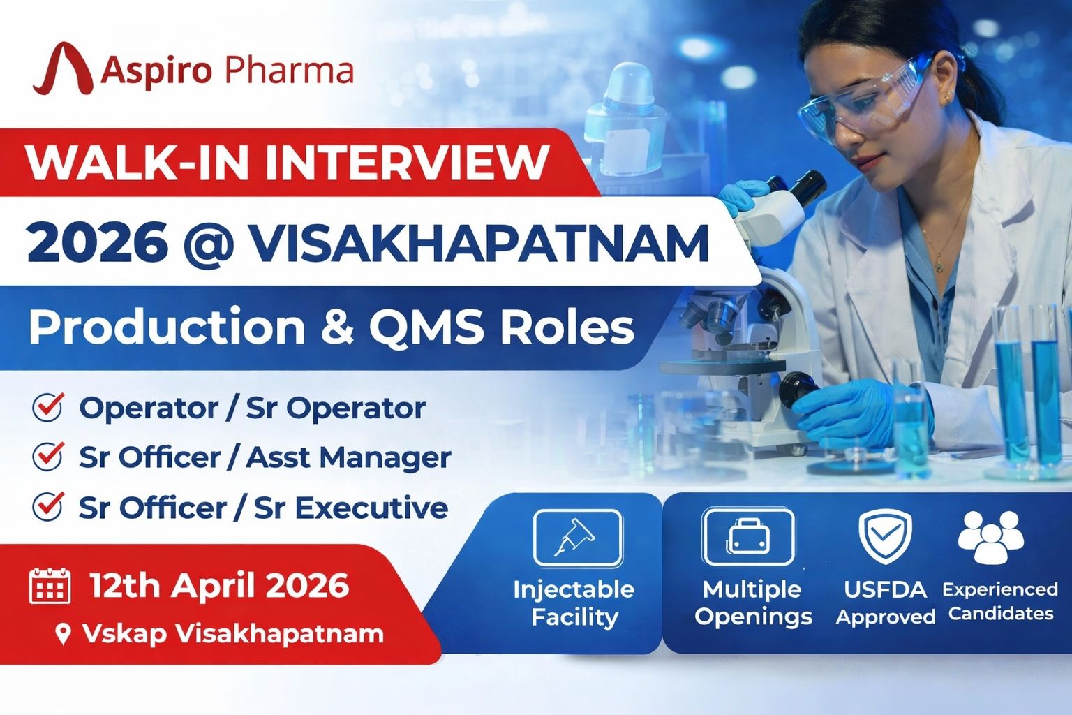 Aspiro Pharma Walk-in Interview 2026 Vizag | Production & QMS Jobs ...