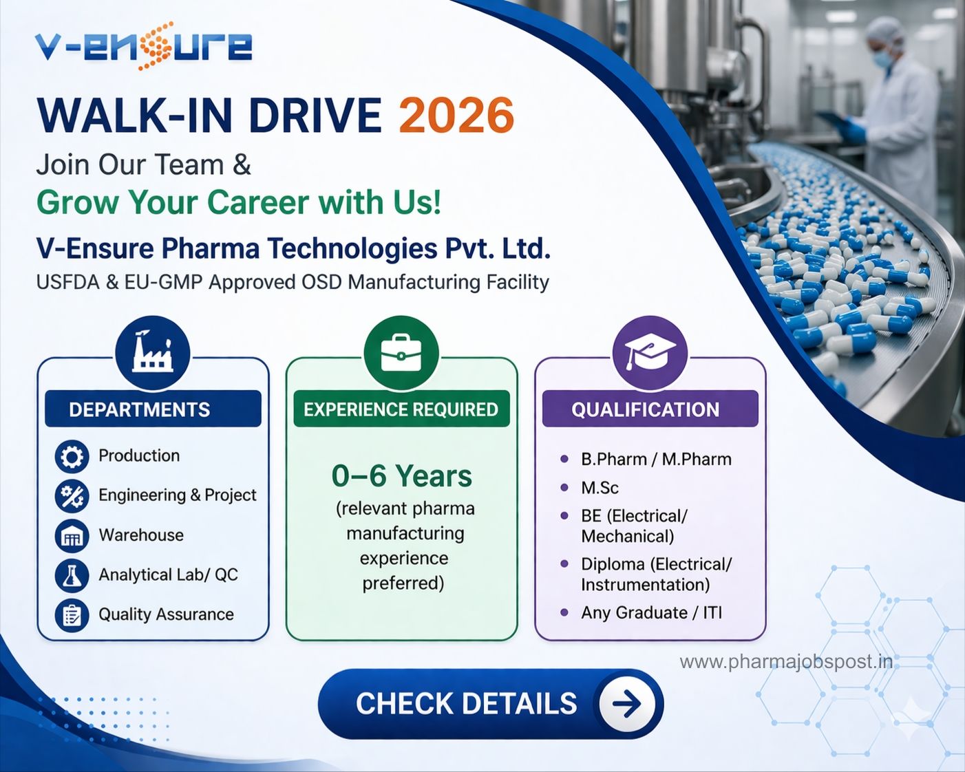 V-Ensure Pharma Walk-In Drive 2026 for Production, QA, QC, Engineering ...