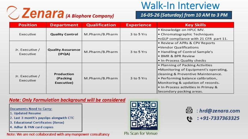 Zenara Walk-In Interview 2026 | QC, QA & Production Jobs | PHARMA JOBS POST