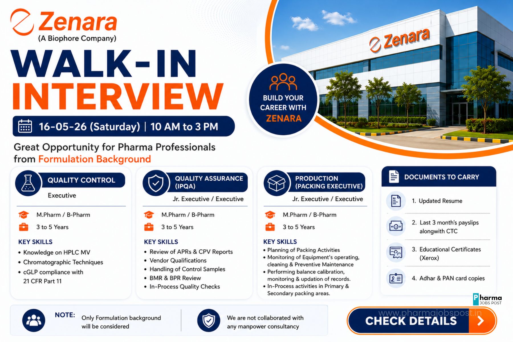 Zenara Walk-In Interview 2026 | QC, QA & Production Jobs | PHARMA JOBS POST