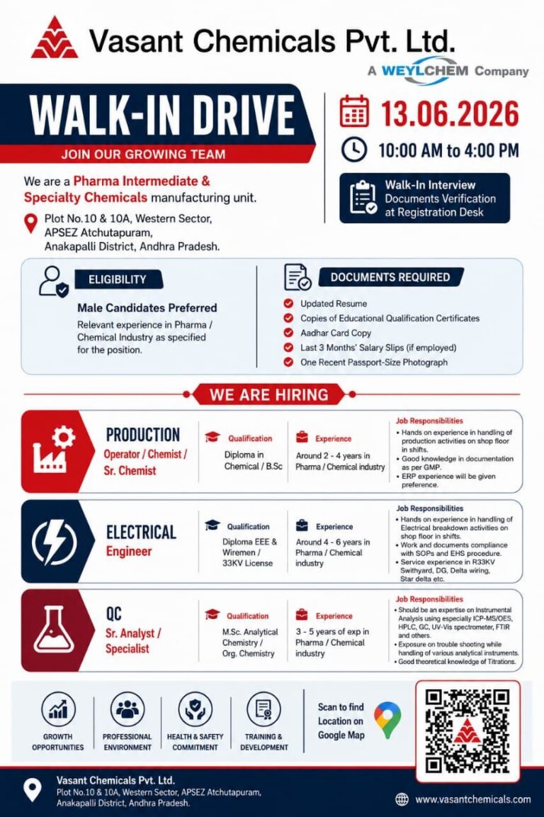 Vasant Chemicals Walk-In Drive 2026 for Production, Electrical & QC ...