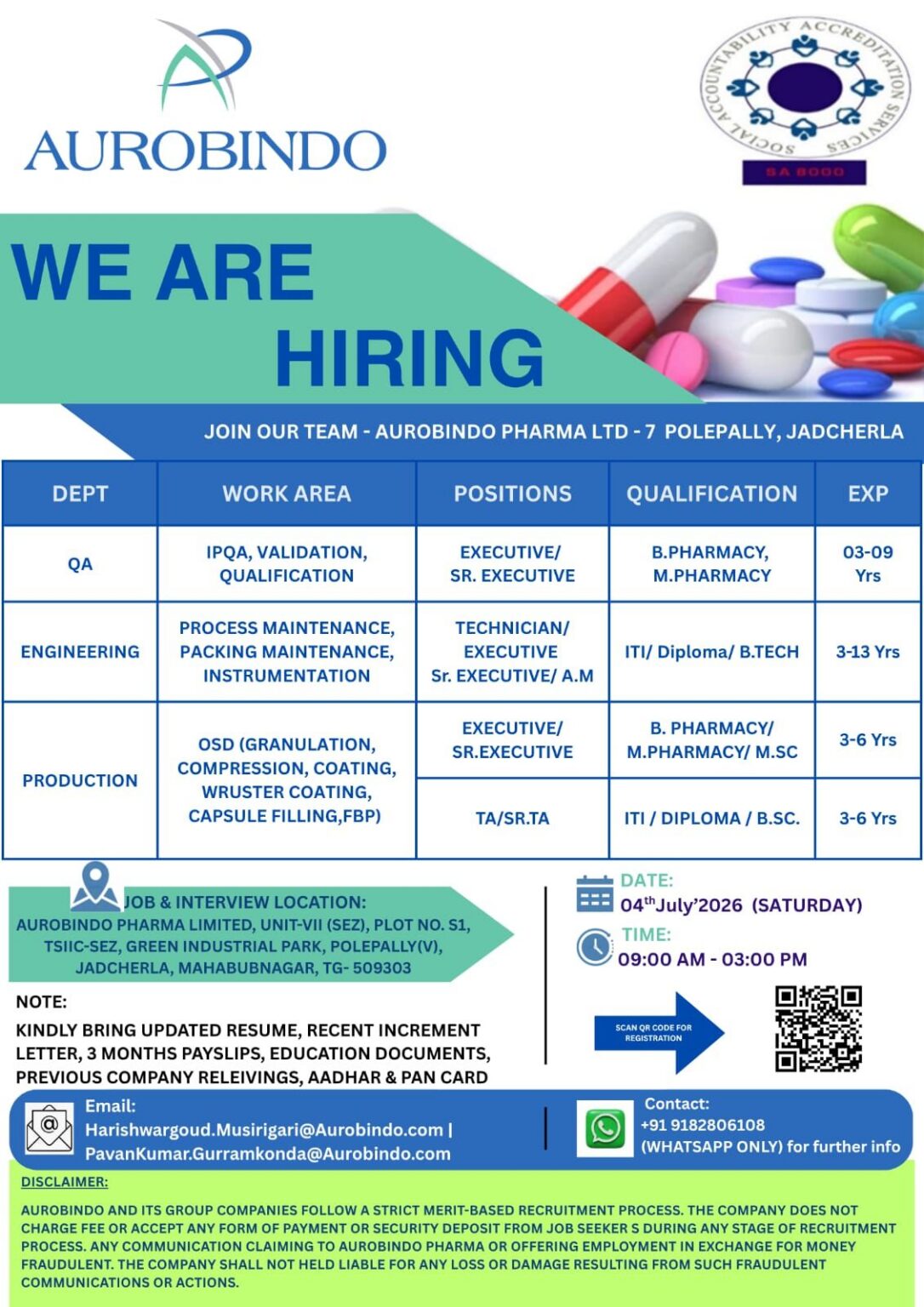 Aurobindo Pharma Walk-In Drive 2026 | QA, Engineering & Production Jobs ...