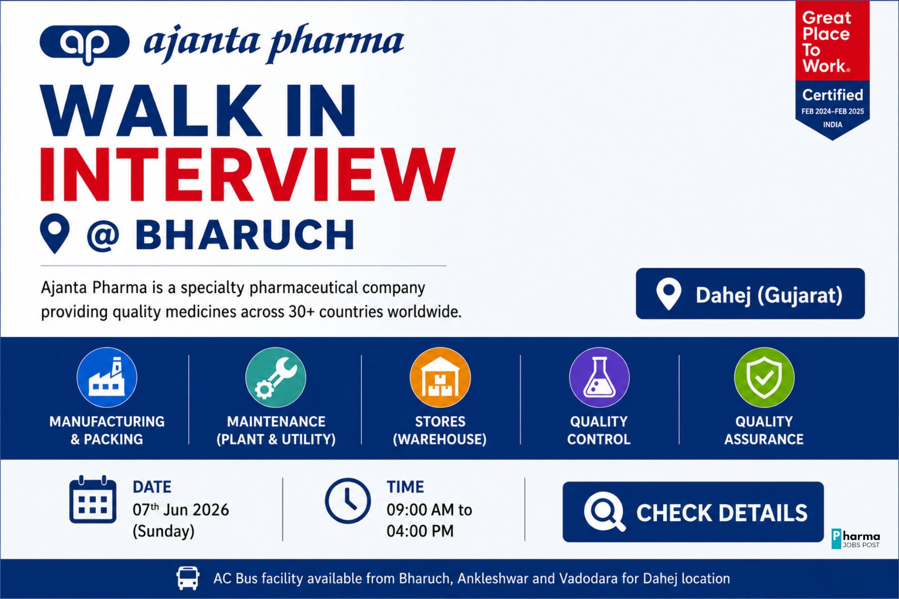 Ajanta Pharma Walk-In Interview 2026 at Bharuch | Manufacturing, QC, QA ...